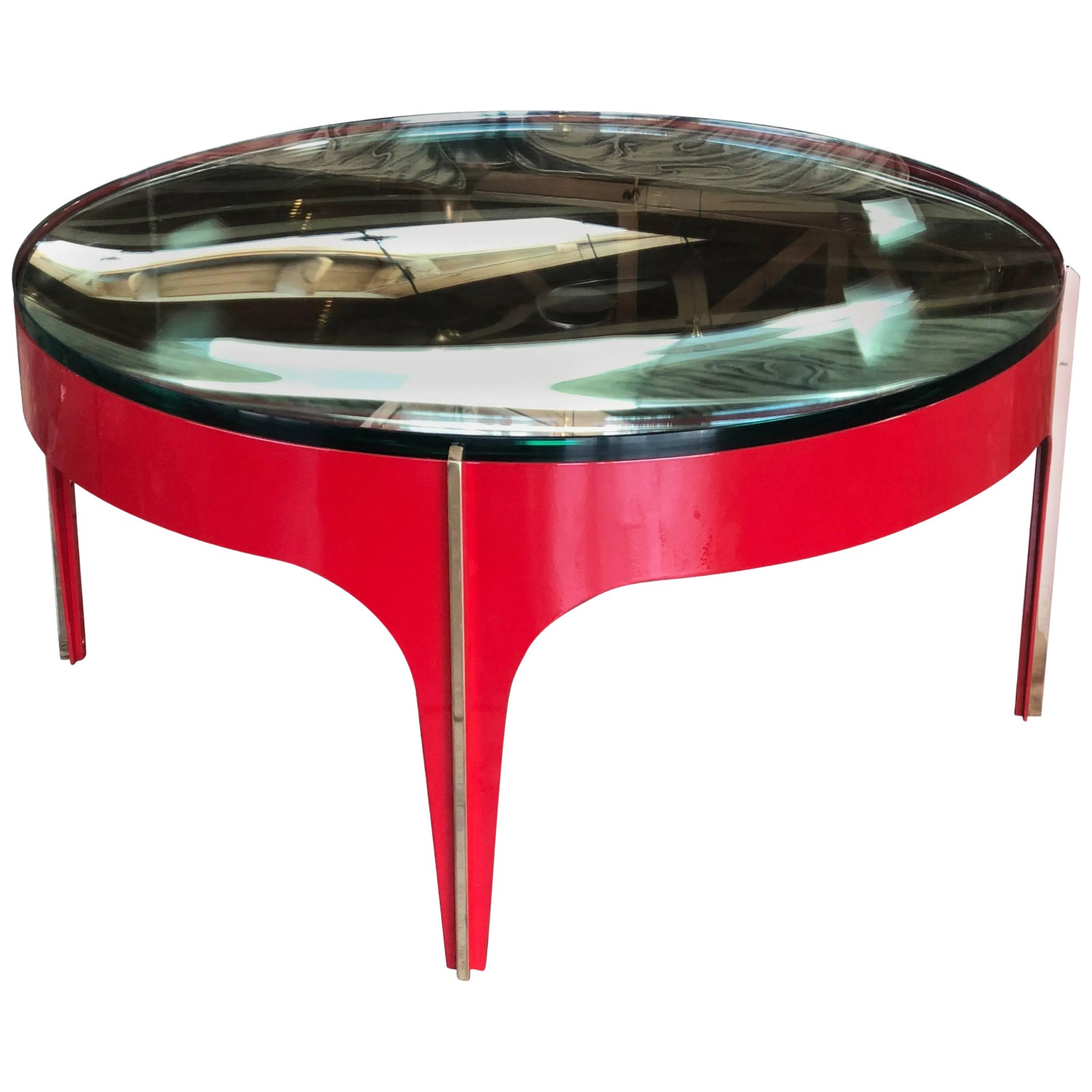 Ma+39's Custom Red and Brass Magnifying Lens Coffee Table | Chairish