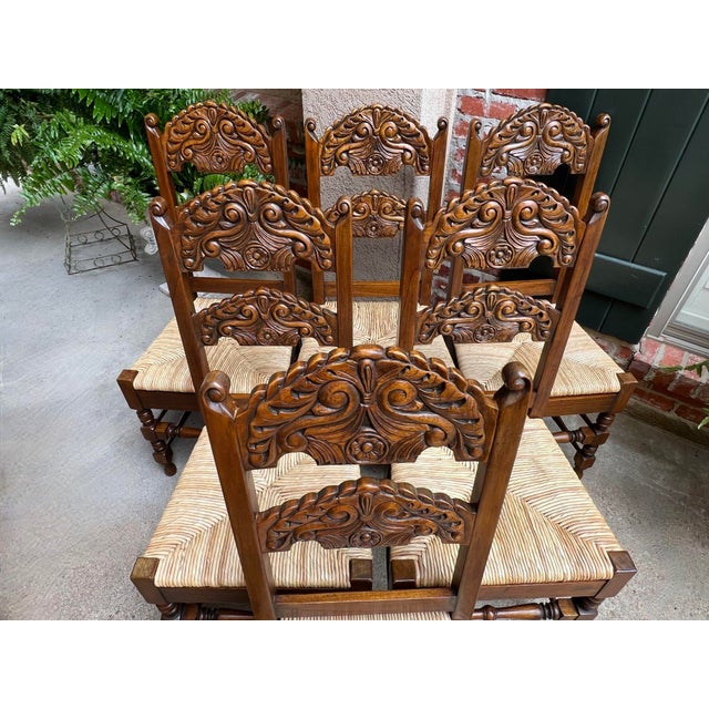 Set 6 Vintage English Dining Side Chairs Carved Oak Rush Seat Yorkshire ...