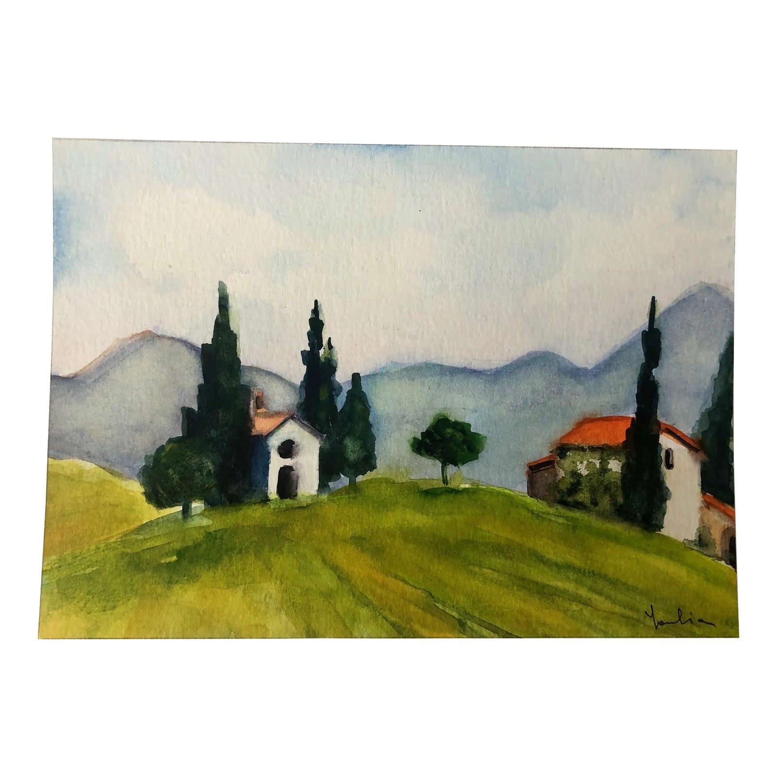 Original French Countryside Landscape Watercolor Painting | Chairish