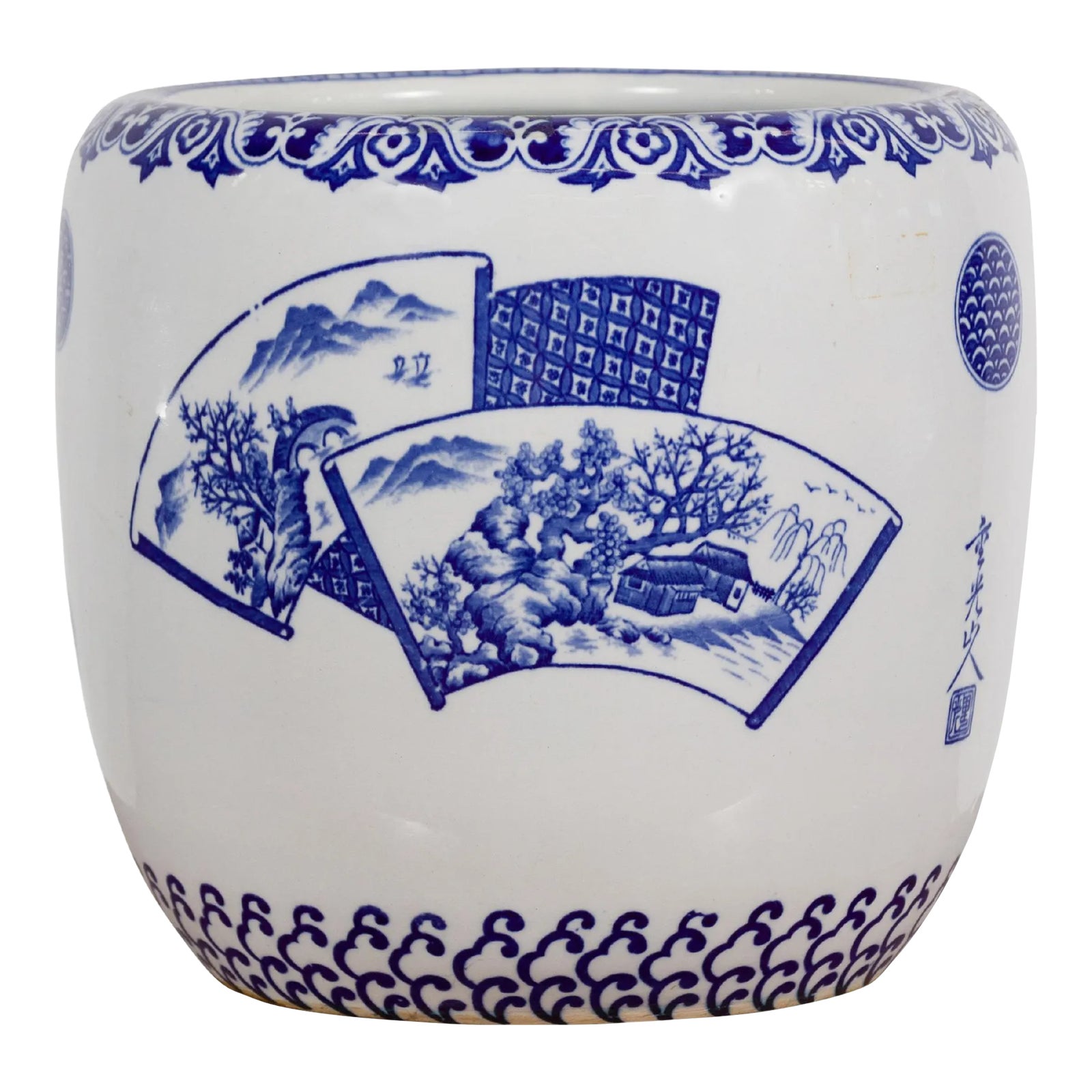 Mid 20th Century Blue & White Porcelain Planter with Hand Painted ...