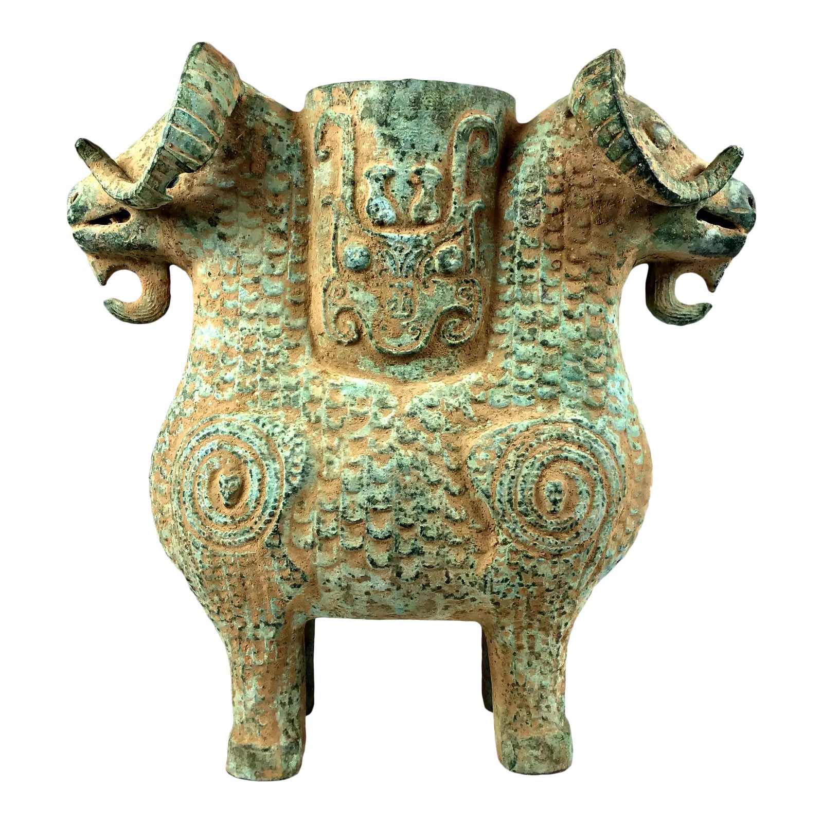 1920s Chinese Bronze Two Headed Ram Flower Pot/Candle Holder | Chairish