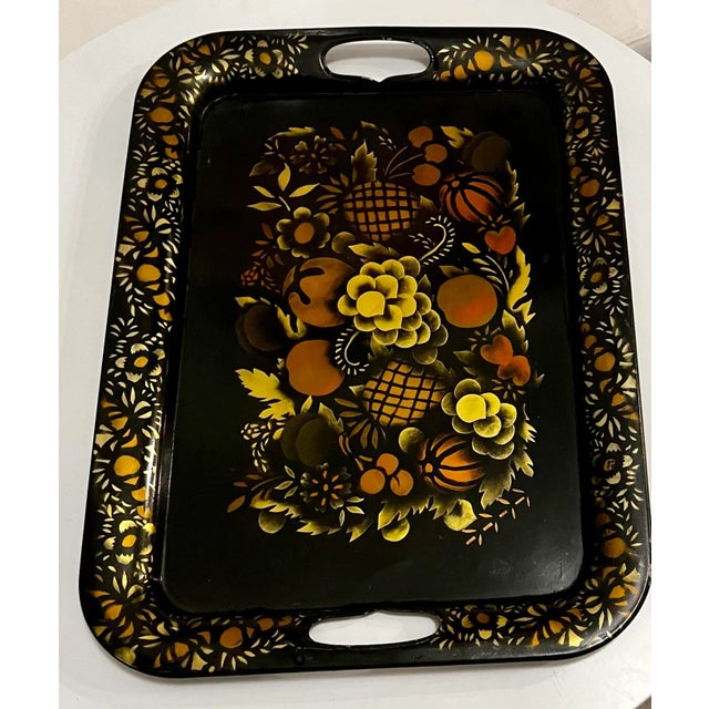 Mid-Century Black Tole Ware Tray With Gold and Cooper Details | Chairish