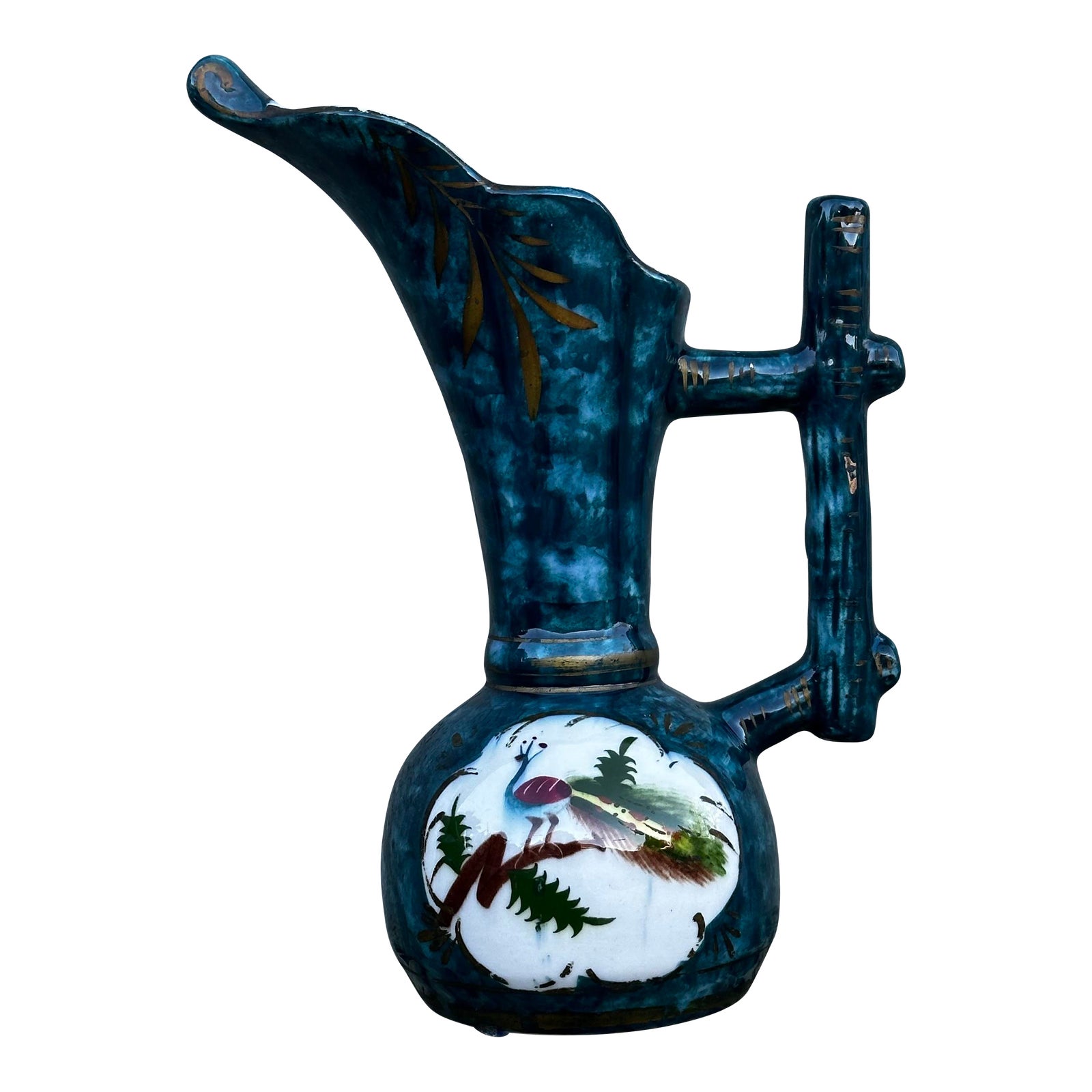 Vintage 20th Century Hand Painted Henri Bequet Peacock Pitcher | Chairish