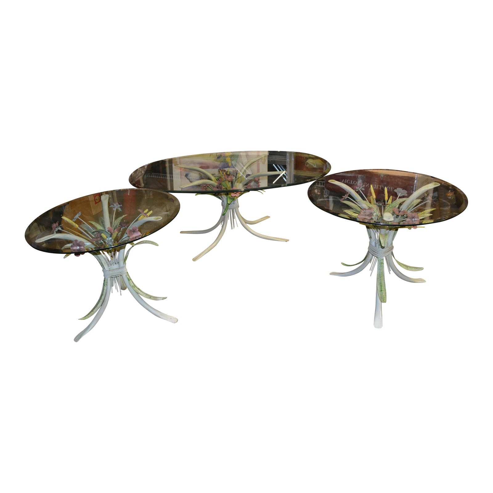 Vtg 1960s Italian Metal Floral Toile Glass Top Oval Coffee Table & 2 ...