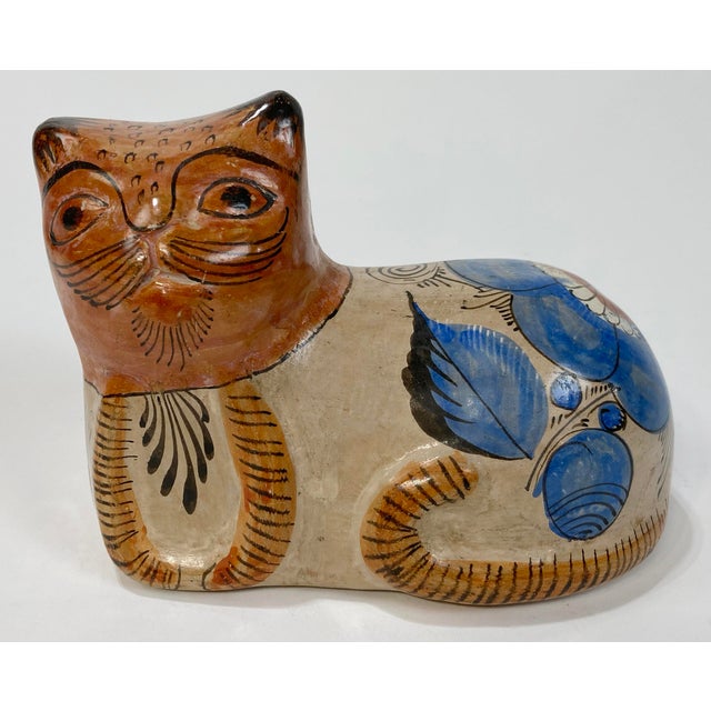 Vintage Mexican Tonala Glazed Folk Art Pottery Cat | Chairish