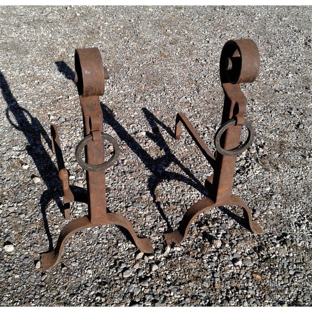 Pair Antique Arts & Crafts Hand Forged Iron Fireplace Andirons With ...