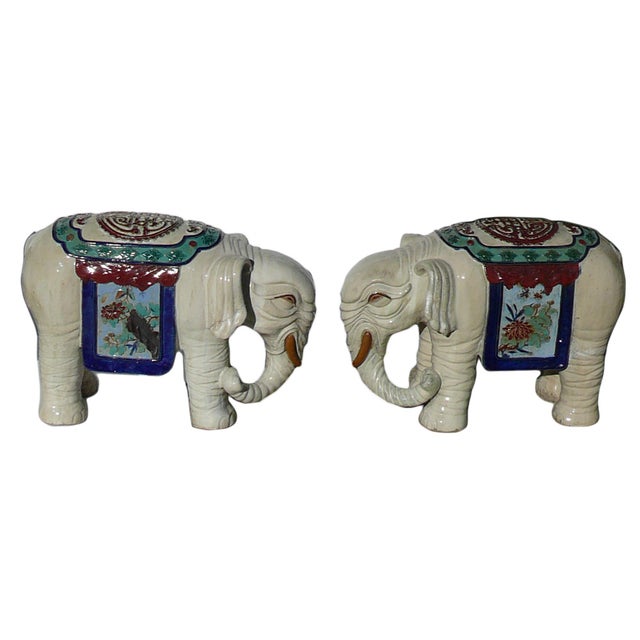 Chinese Ceramic White Oriental Elephants - A Pair | Chairish