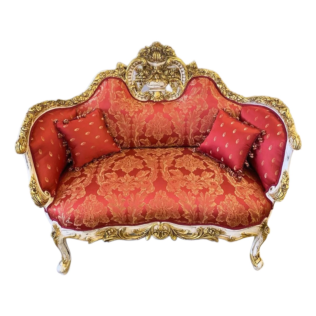 French Style Red Settee Gold Details | Chairish