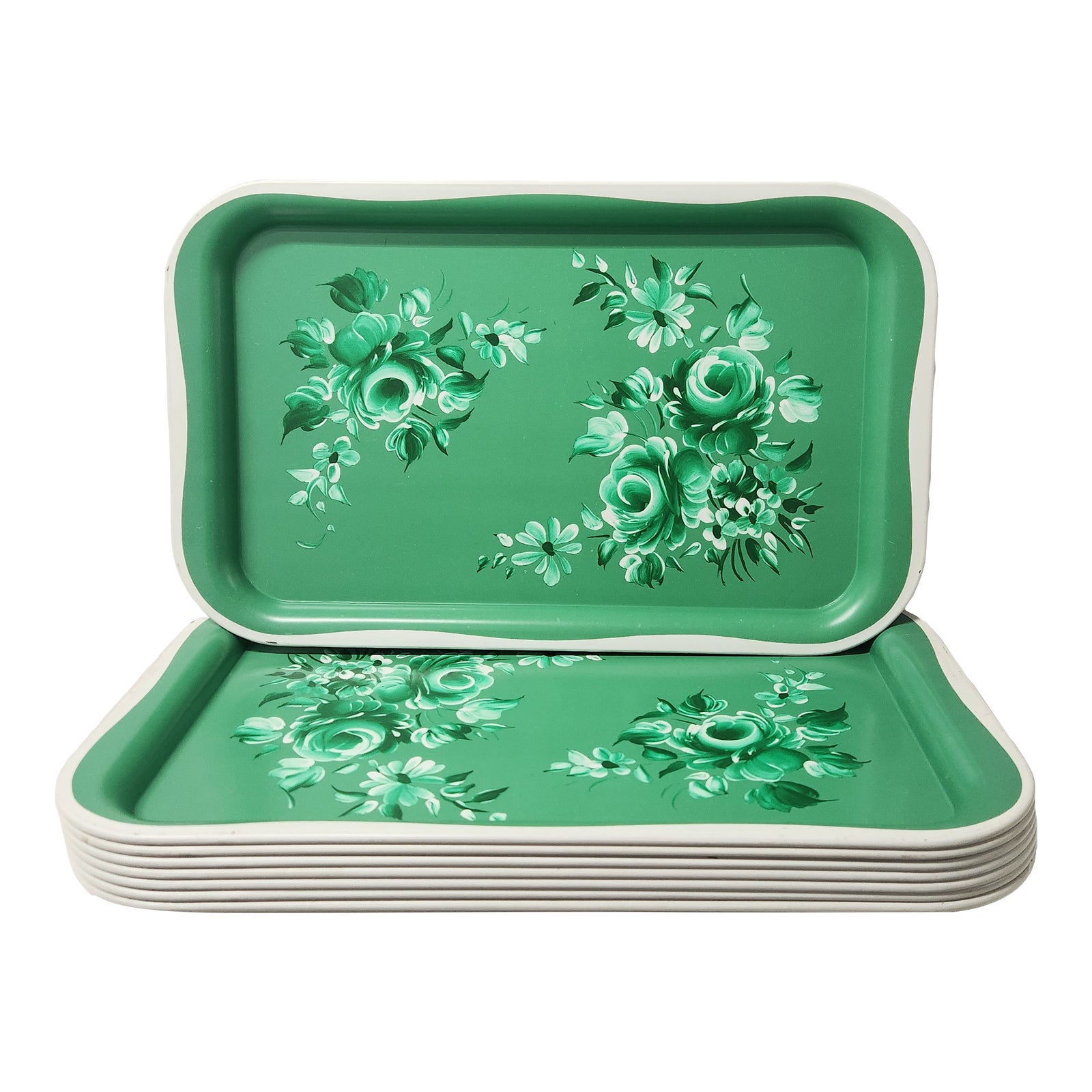 Vintage Green Floral Toleware Style Metal Snack Tray Set – Set of 8 ...