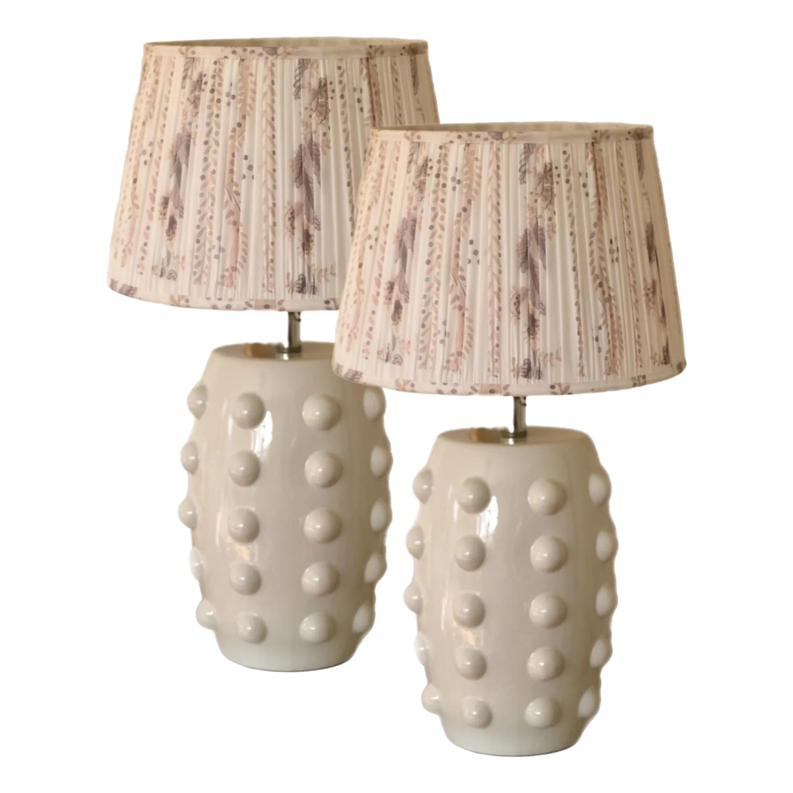 A Pair of Ceramic Knob Lamps With Cotton Pleated Shades | Chairish