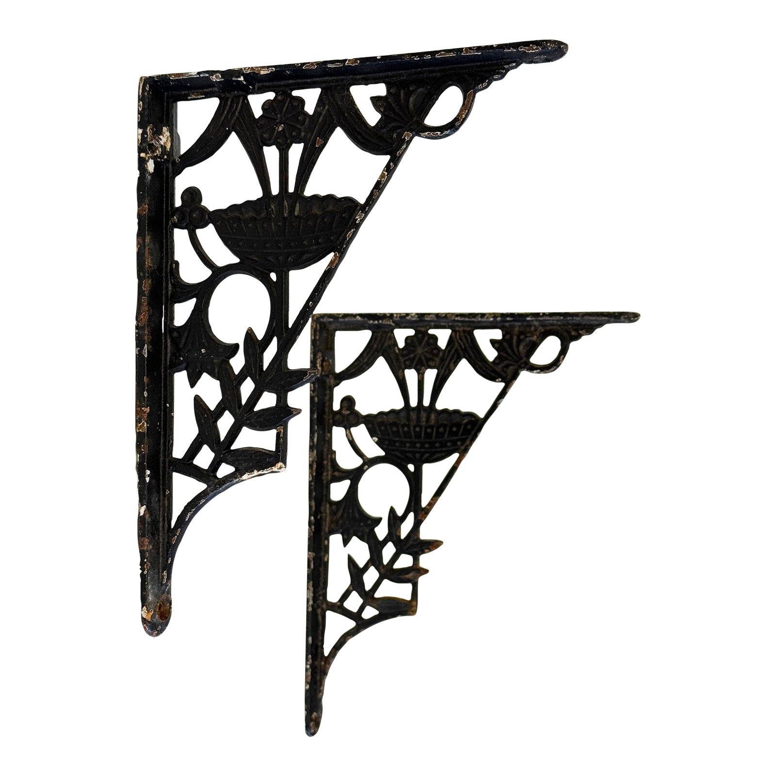 Antique Art Deco Style Floral Cast Iron Brackets, a Pair | Chairish