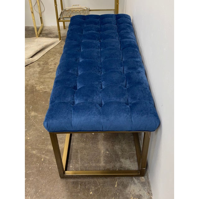 Modern Blue Velvet Tufted Metal Bench | Chairish