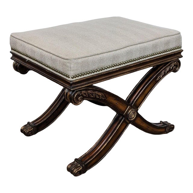 Ethan Allen Wood Frame Ottoman | Chairish