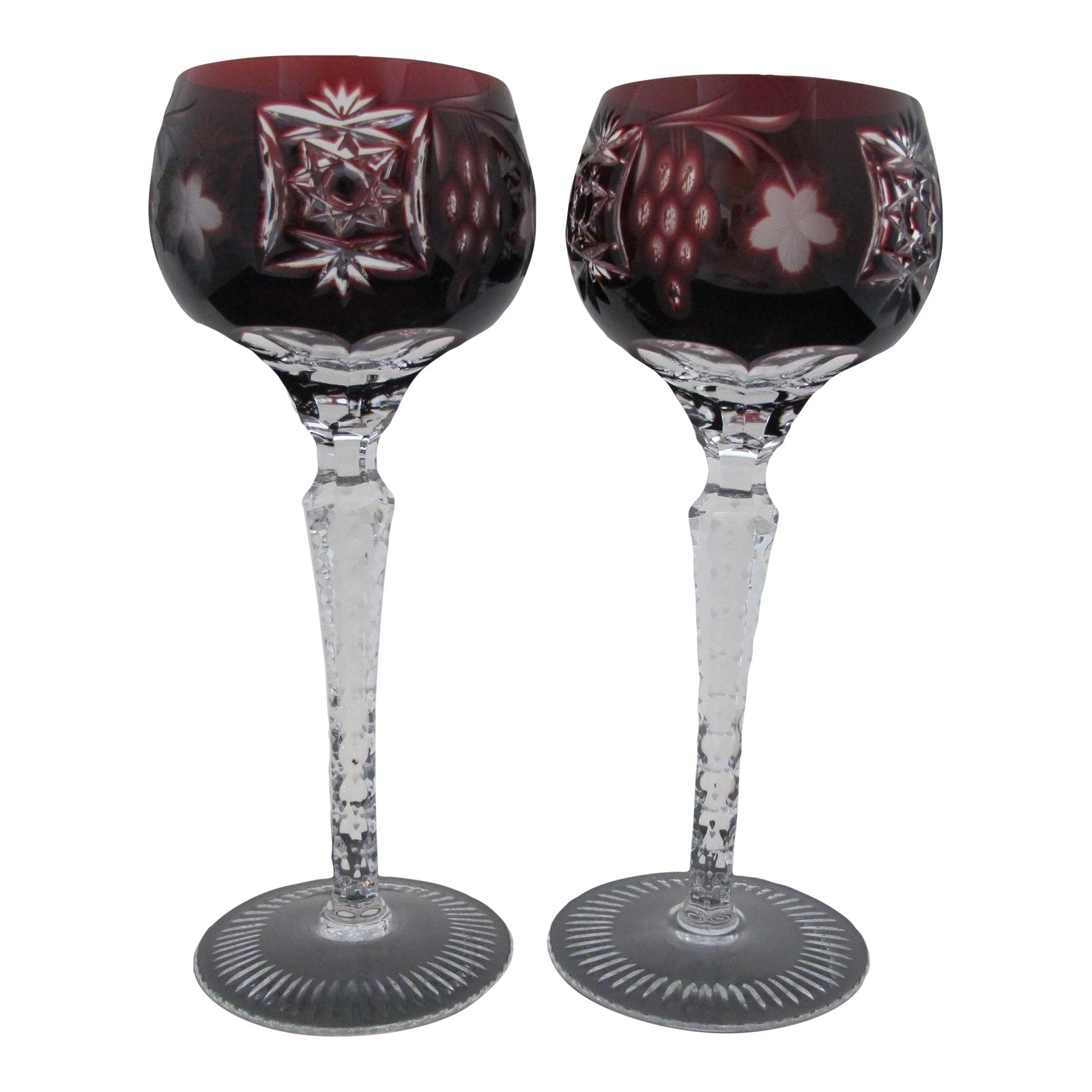 Beyer Cranberry Red Cut Crystal Grape Design Bohemian 8.25" Hock Wine ...