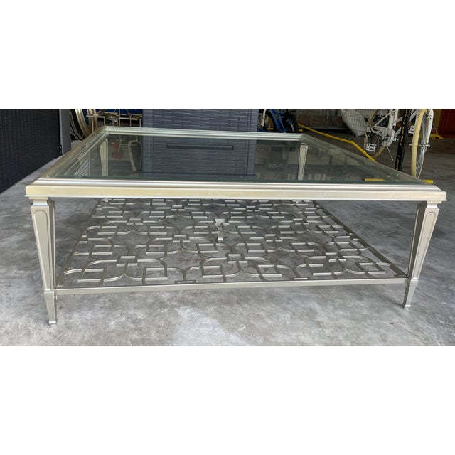 Caracole Sociables Large Square Glass Coffee Table With Fretwork Shelf ...