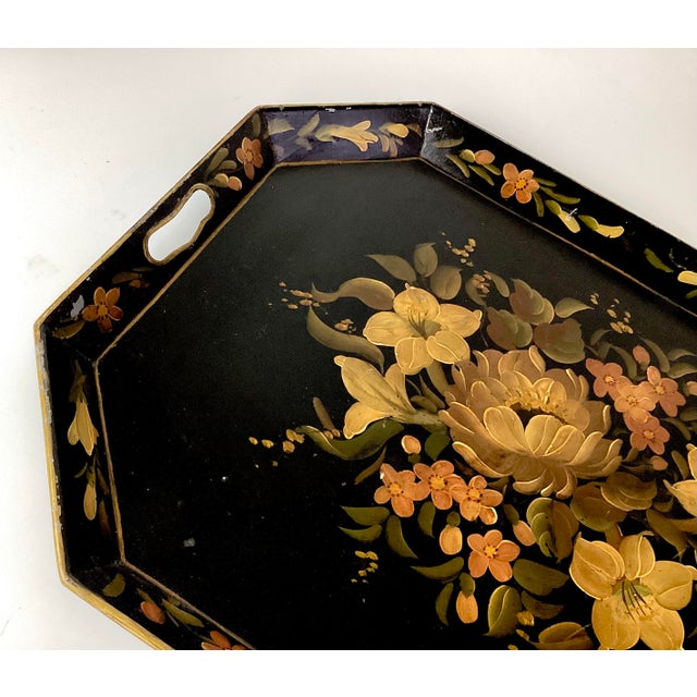 Vintage Hand Painted Floral Tole Serving Tray | Chairish