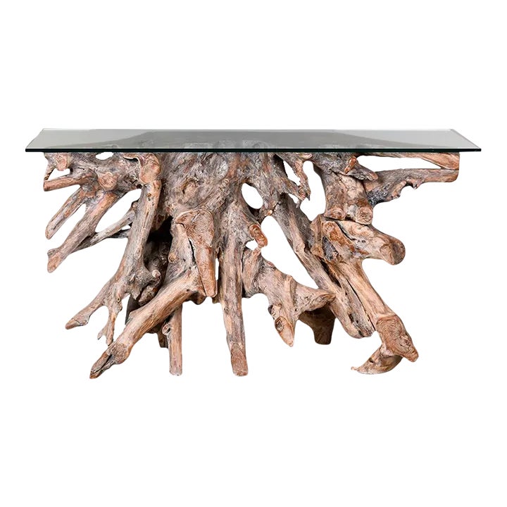 Teak Root Console Table With Glass Top | Chairish