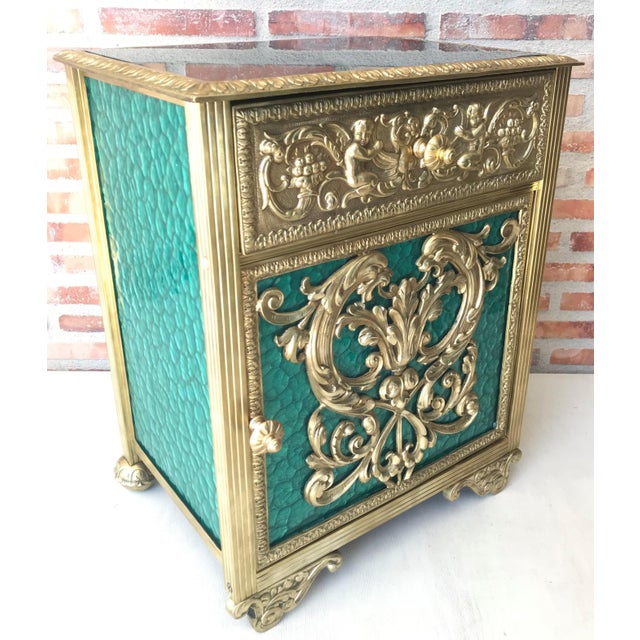 Late 19th Century Louis XVI Pair of Bronze Vitrine Nightstands with Green Glass Doors and Drawer ...
