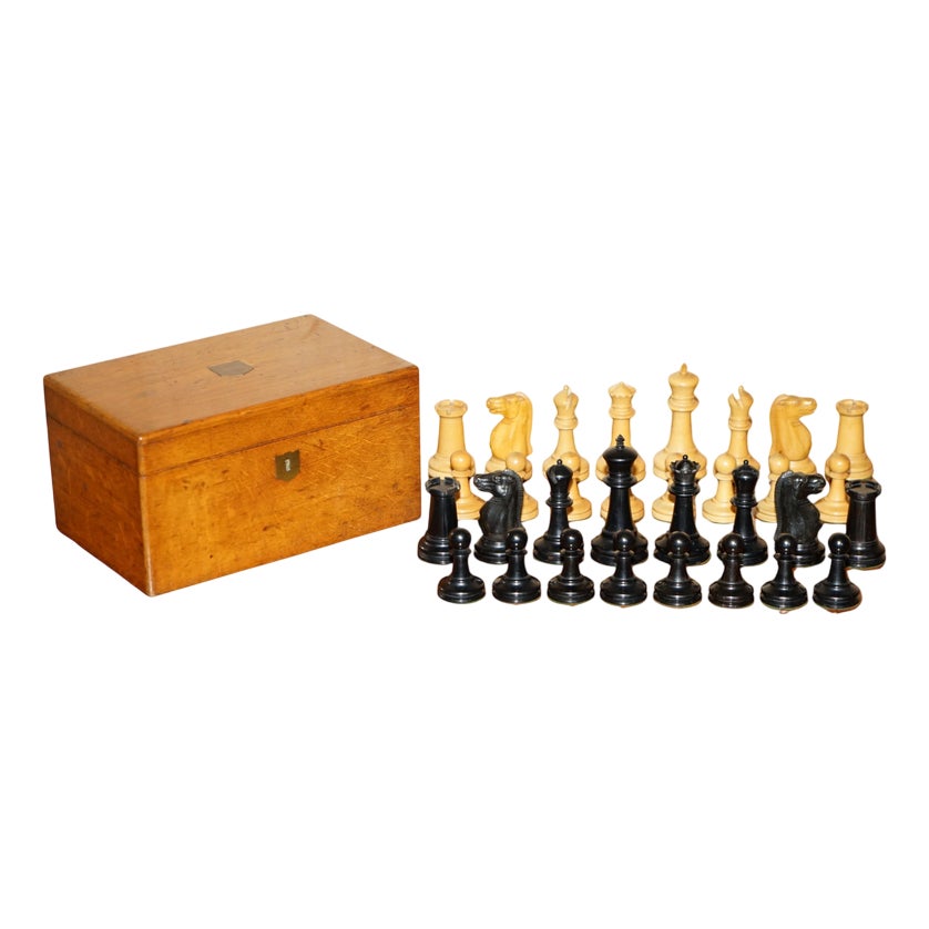 Large Antique Victorian Weighted Staunton Chess Set | Chairish
