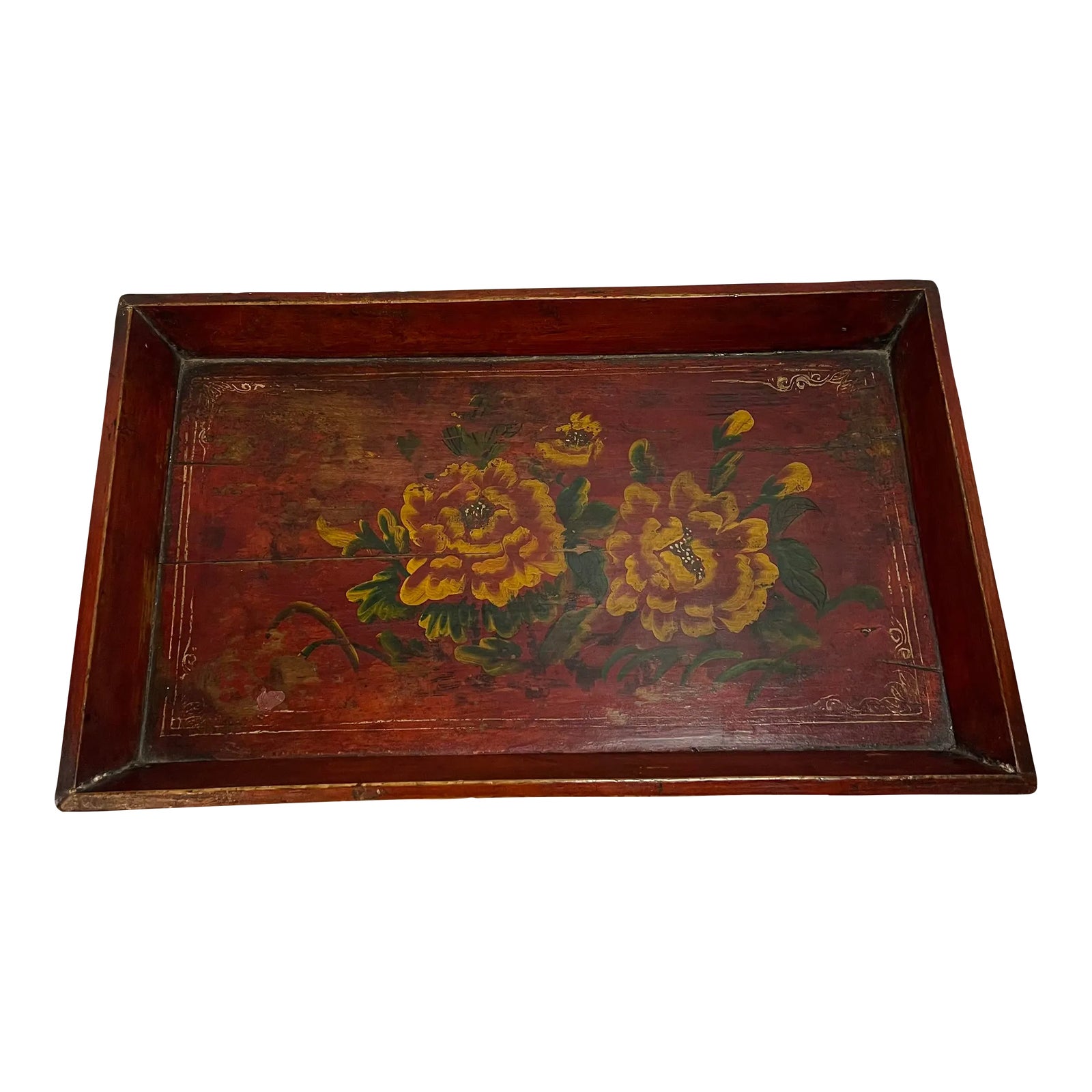 Mid 20th Century Chinese Table Tray With Painted Floral Accents | Chairish