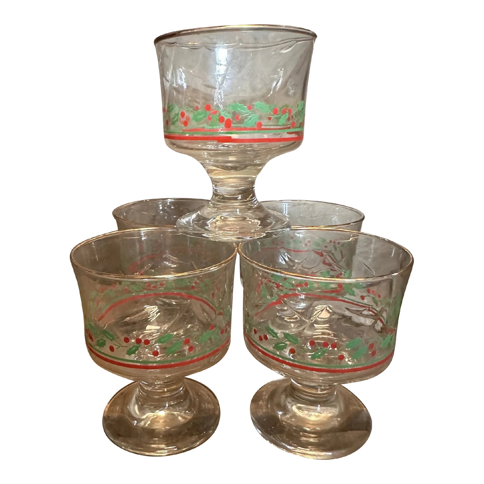 Set of 5 Vintage Holly Berry Christmas Glasses Sherbet Dessert by Libbey | Chairish