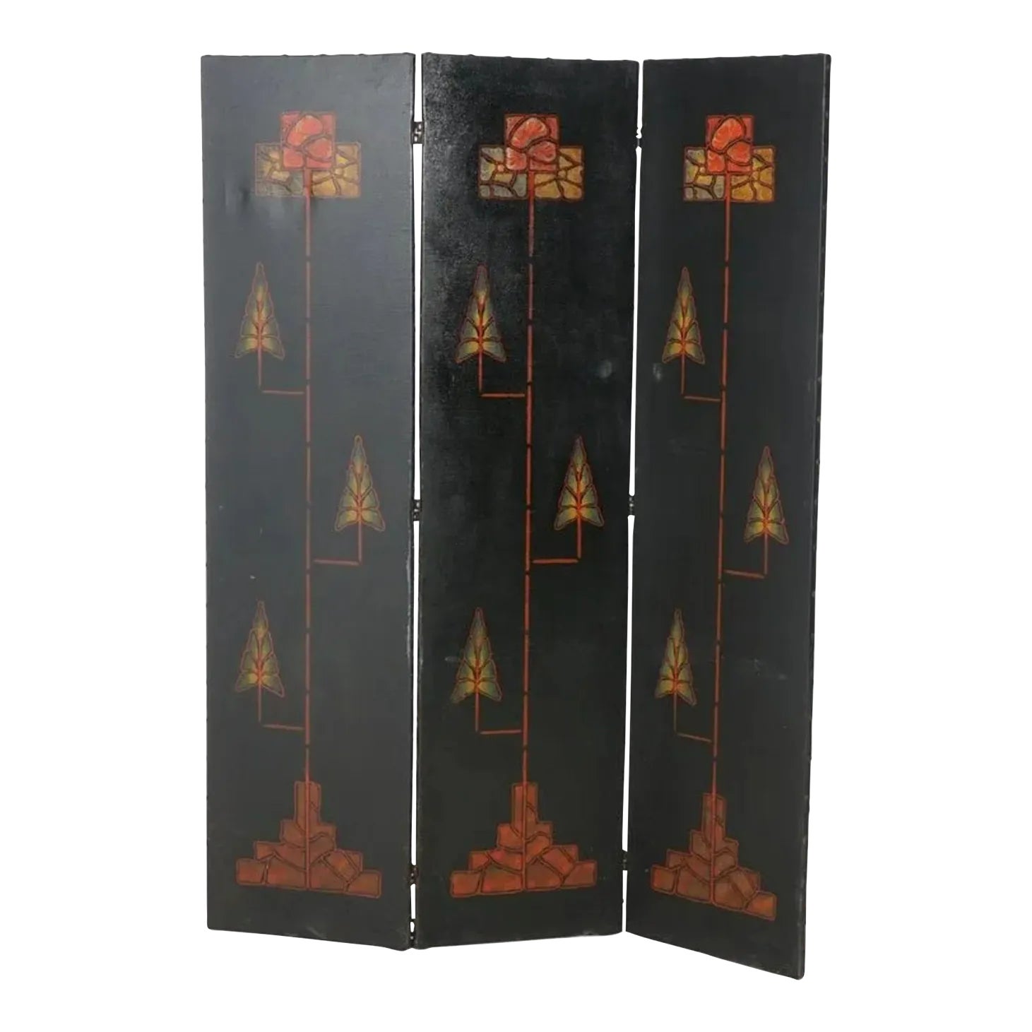 Arts & Crafts Hand Painted Leather Three Panel Mission Style Screen ...