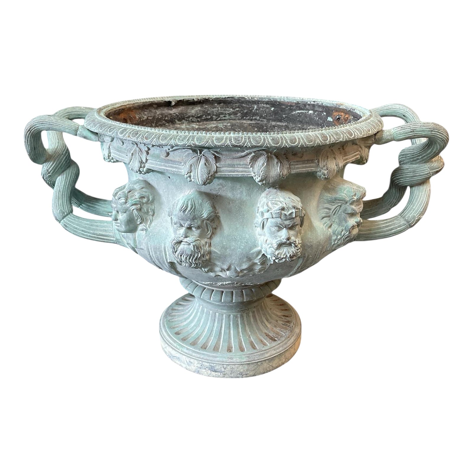 1990s Neoclassical Verdigris Bronze Warwick Style Planter With Bacchic ...