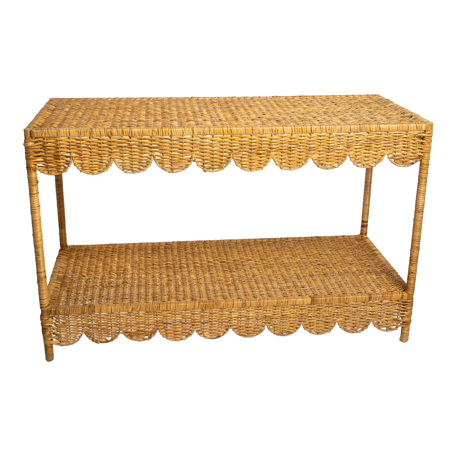 Scalloped Two-Tier Wicker Console Table | Chairish