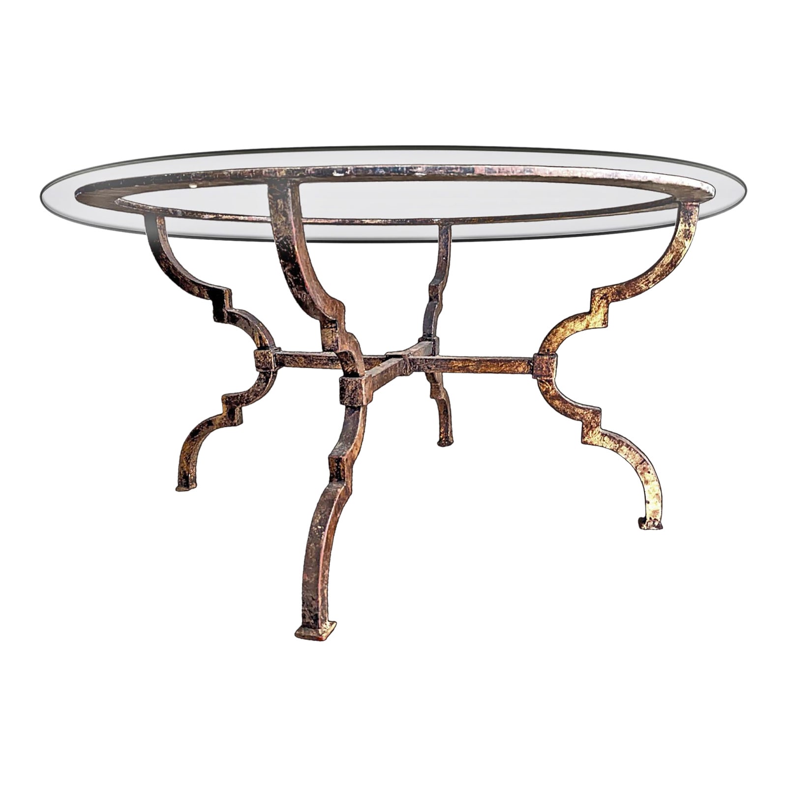 Spanish Revival Parcel-Gilt Wrought Iron & Glass Quatrefoil Legged ...