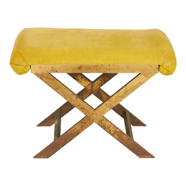 Mid-Century Brass and Saffron Yellow Velour Upholstered X-Bench | Chairish