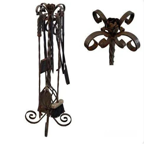 Vintage Wrought Iron Fireplace Tool Set with Stand Twisted Metal ...