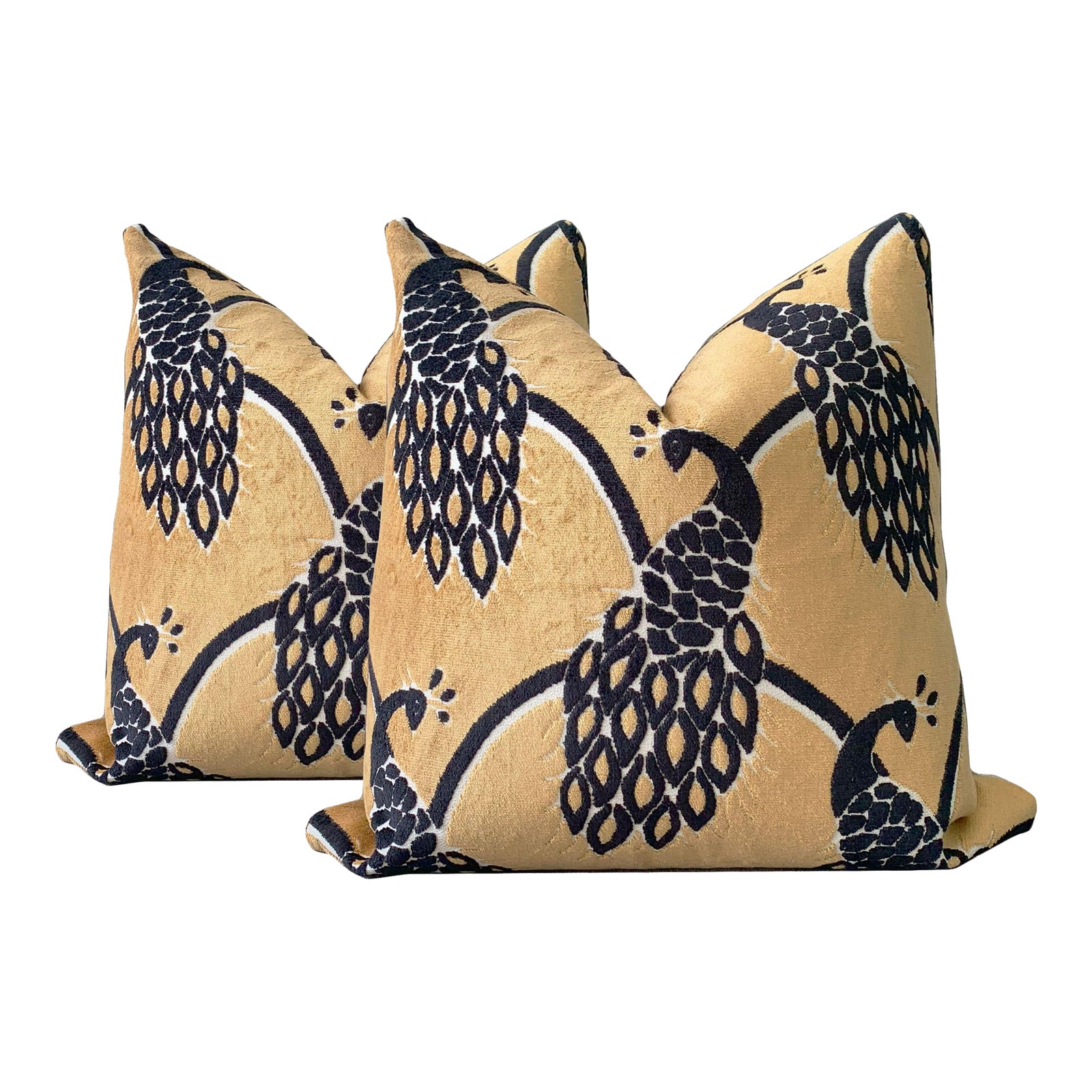 Mustard Gold and Ebony Peacock Pillows - a Pair | Chairish