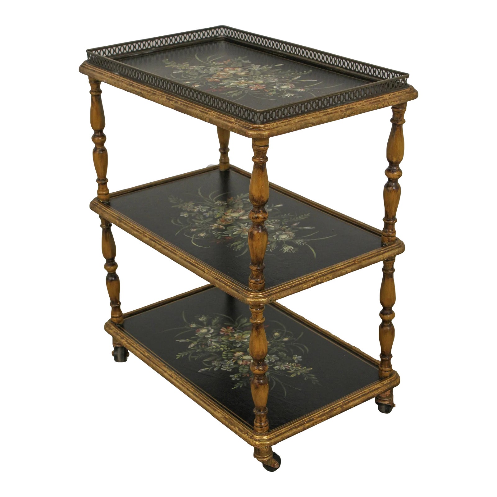 Sarreid Floral Decorated 3 Tier Dessert Trolly Cart | Chairish