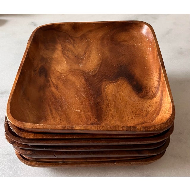 Set of 7 Vintage Square Monkeypod Wood Plates | Chairish