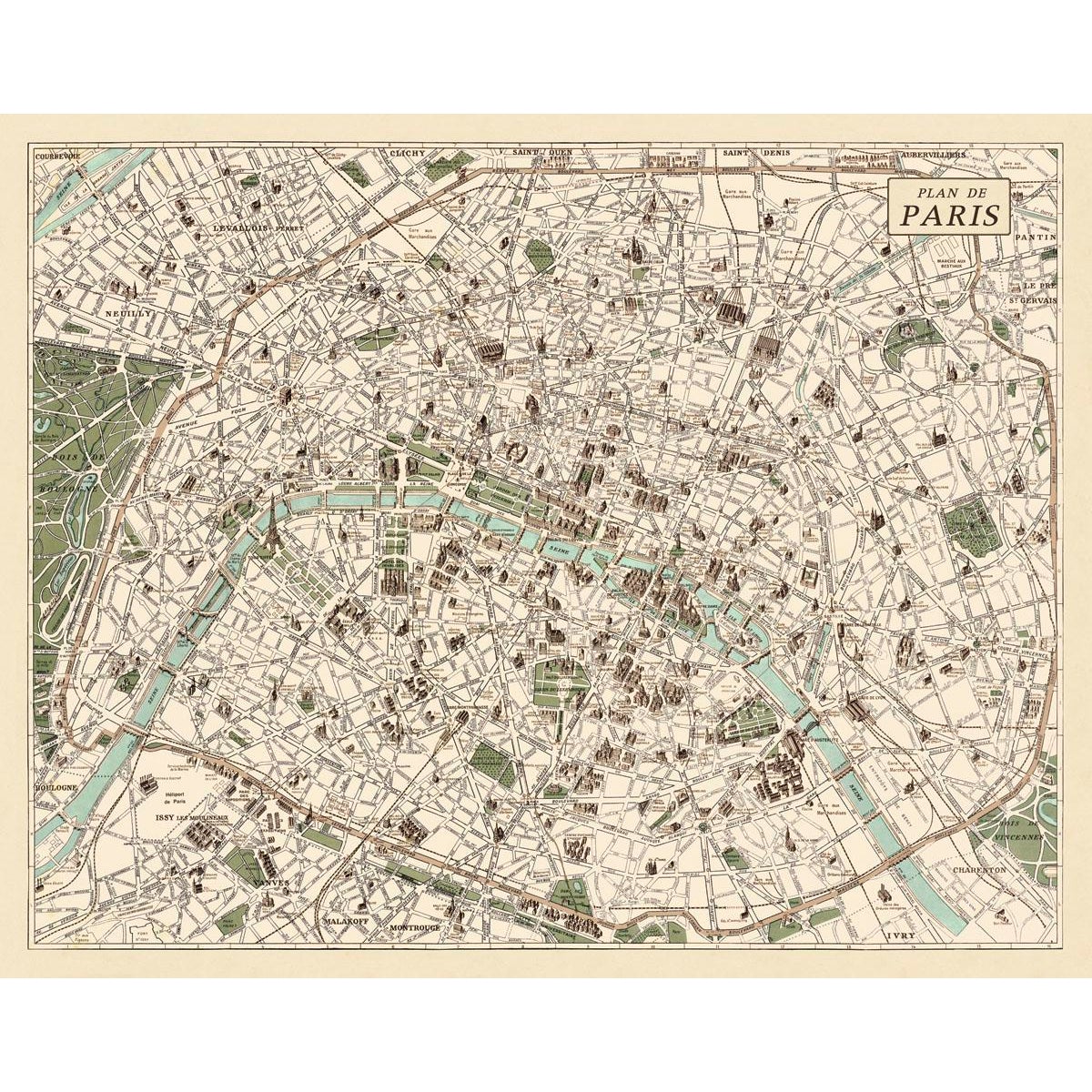 Contemporary Map of Paris Circa 1925 - 16 x 13 | Chairish