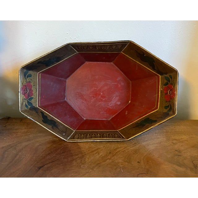 Antique Red Paint Decorated Tole Octagonal Centerpiece Basket or Bowl ...
