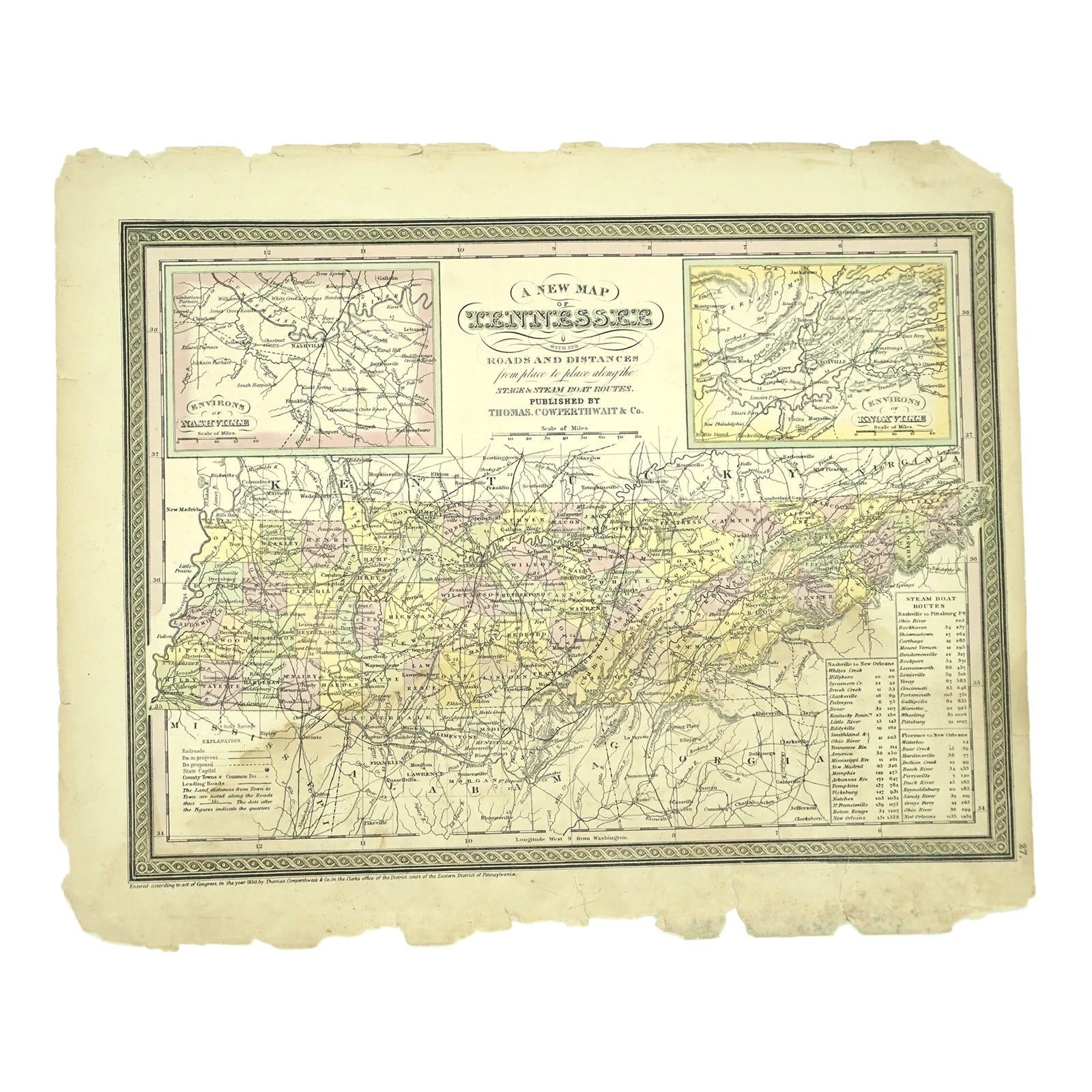 Original Antique Map of Tennessee, 1850 | Chairish