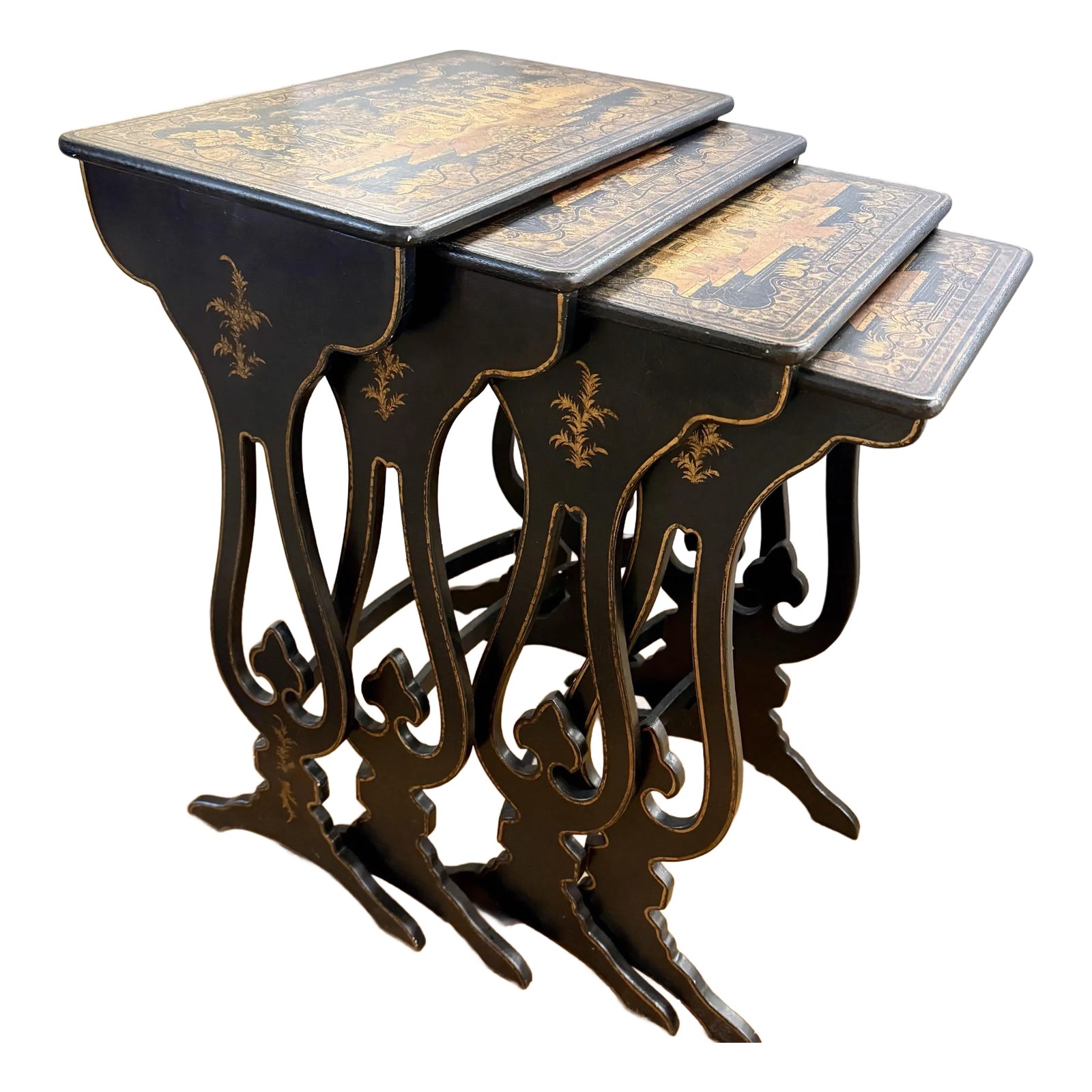 Set of 4 Chinese Black Lacquered and Gold Hand Painted Nesting Tables ...