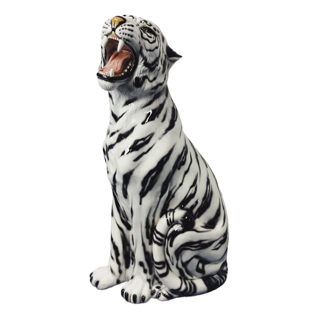 White Tiger Figurine in Ceramic by Ceramiche Boxer | Chairish
