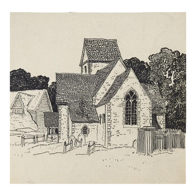 Antique Pen & Ink Village Church Drawing | Chairish