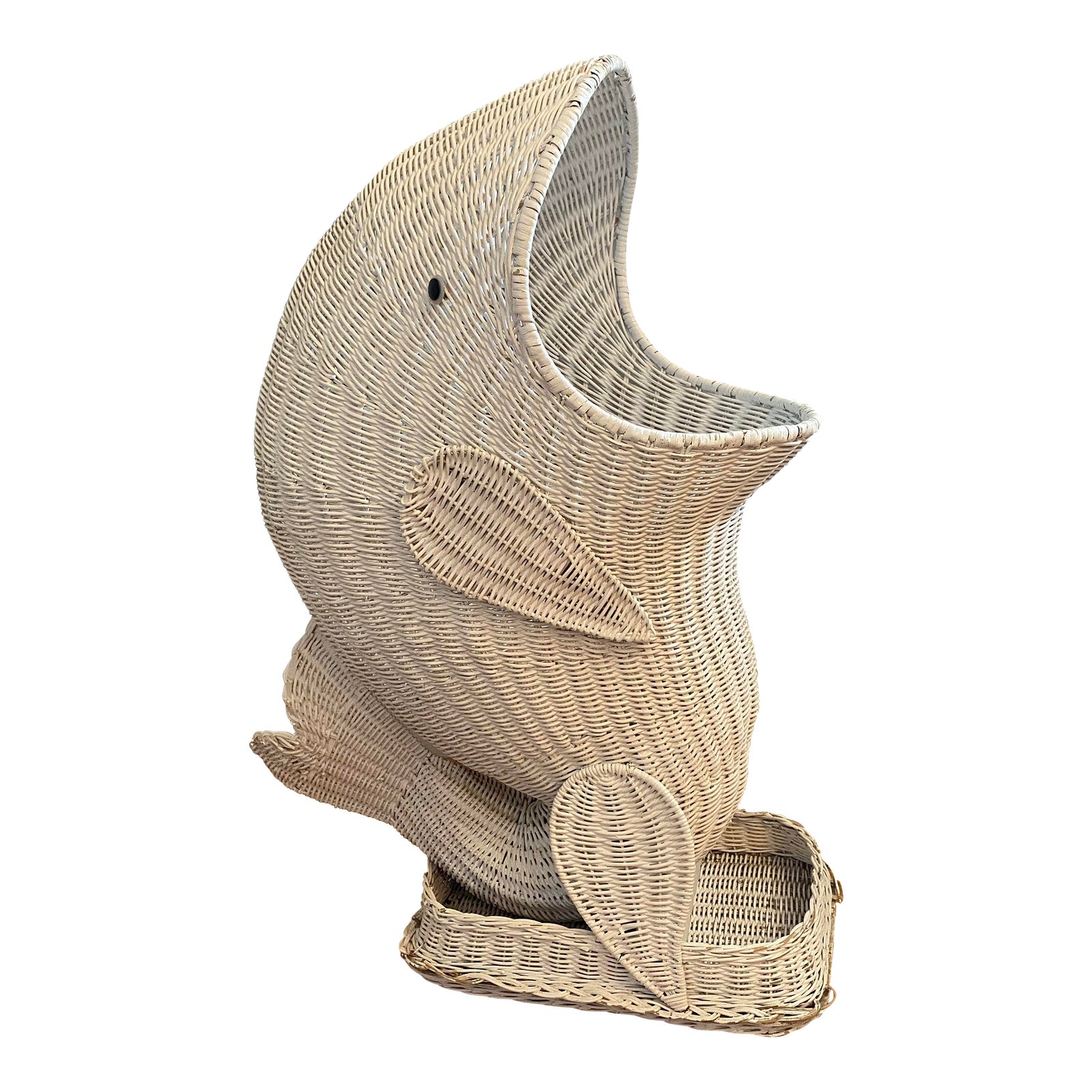1970's Shabby Chic White Wicker Whale Basket / Hamper | Chairish