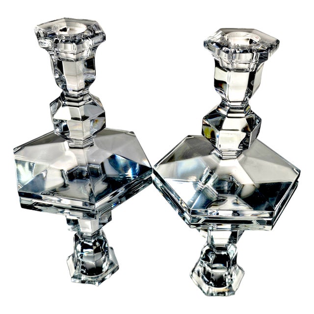 Val St Lambert Gardenia Taper Candle Crystal Candle Holders Pair | Chairish