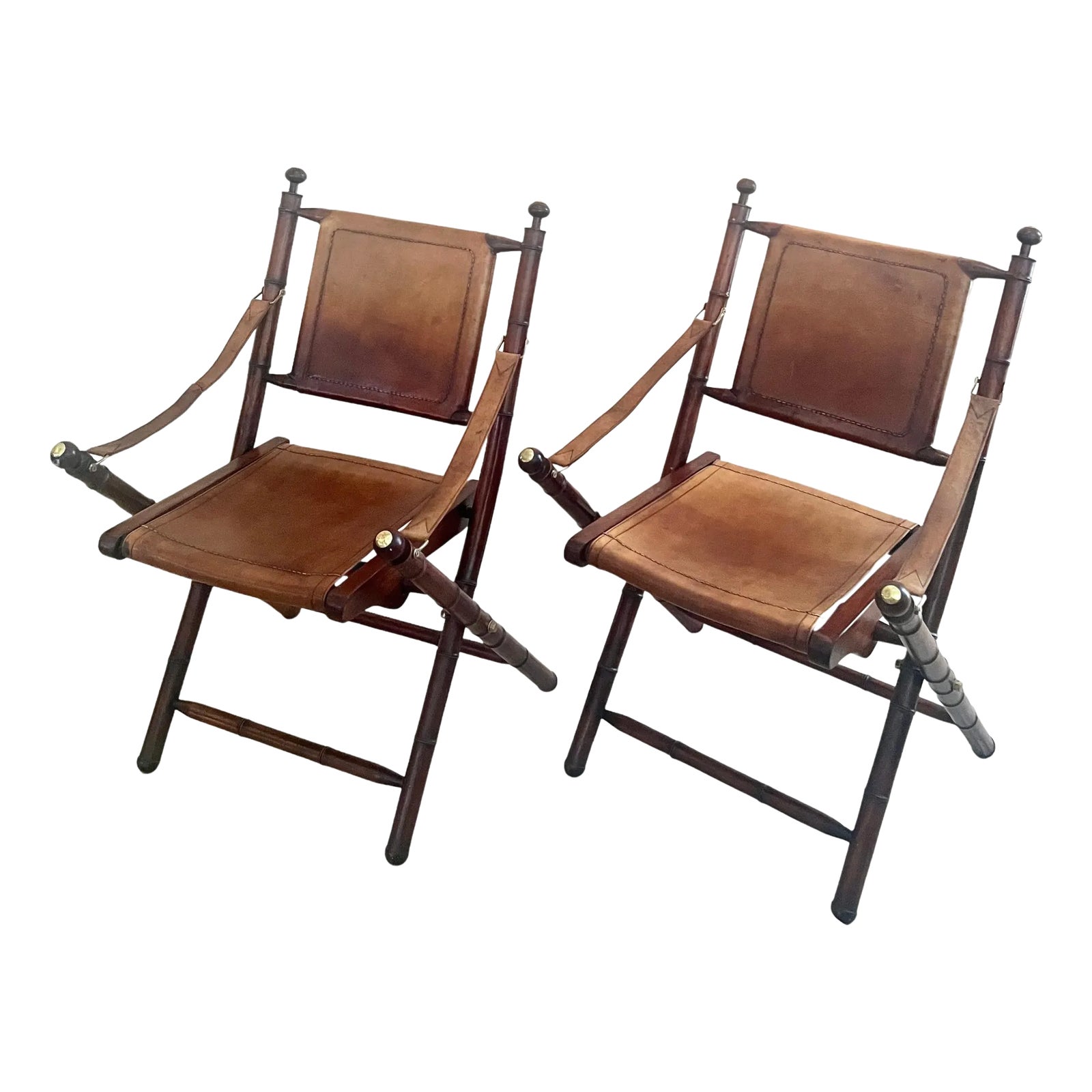 Pair of Faux Bamboo Folding Leather and Wood Campaign Chairs with Brass ...