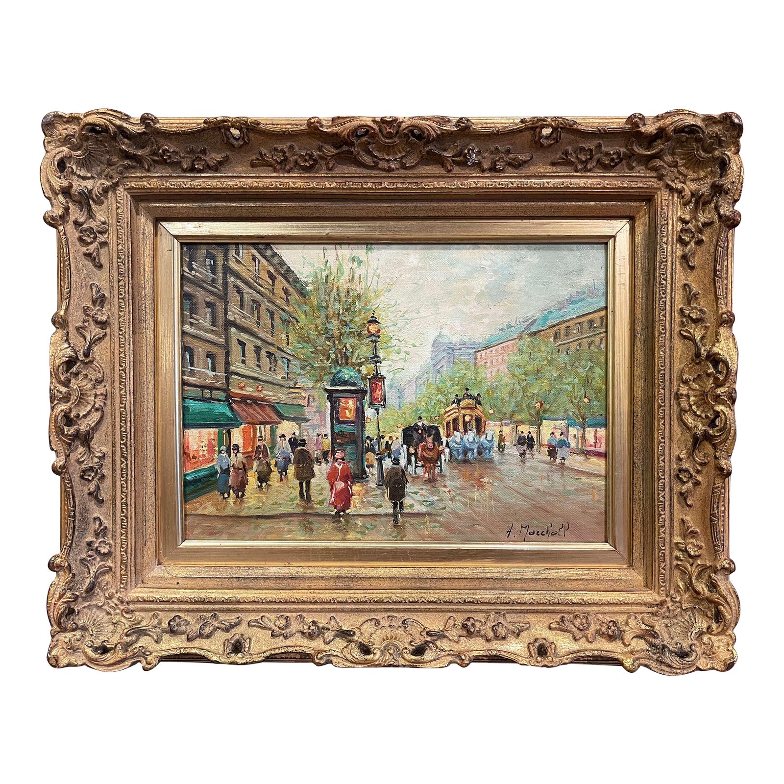 Midcentury Parisian Street Oil Painting in Carved Gilt Frame Signed A ...