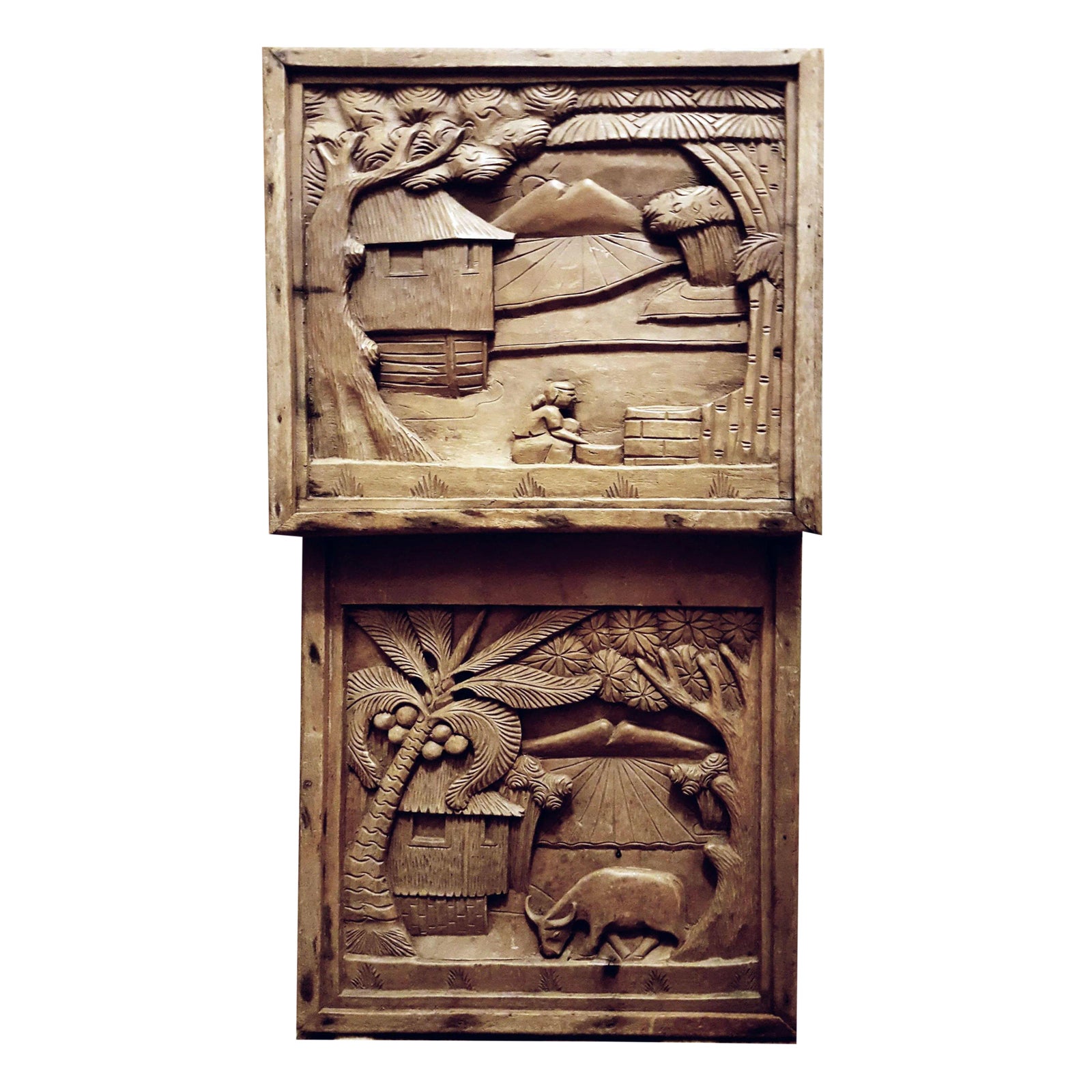 Javanese Hand Carved Solid Wood Storytelling Plaques - a Pair | Chairish