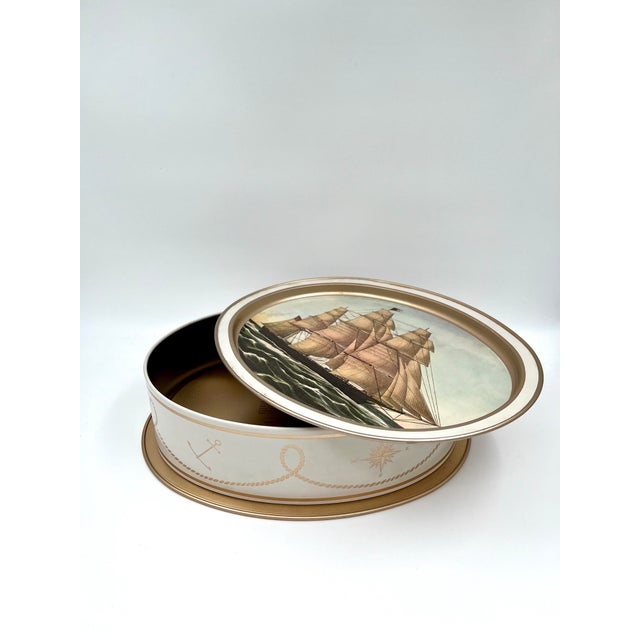 1976 Large Nautical Tole Biscuit Tin Featuring Clipper Ships | Chairish