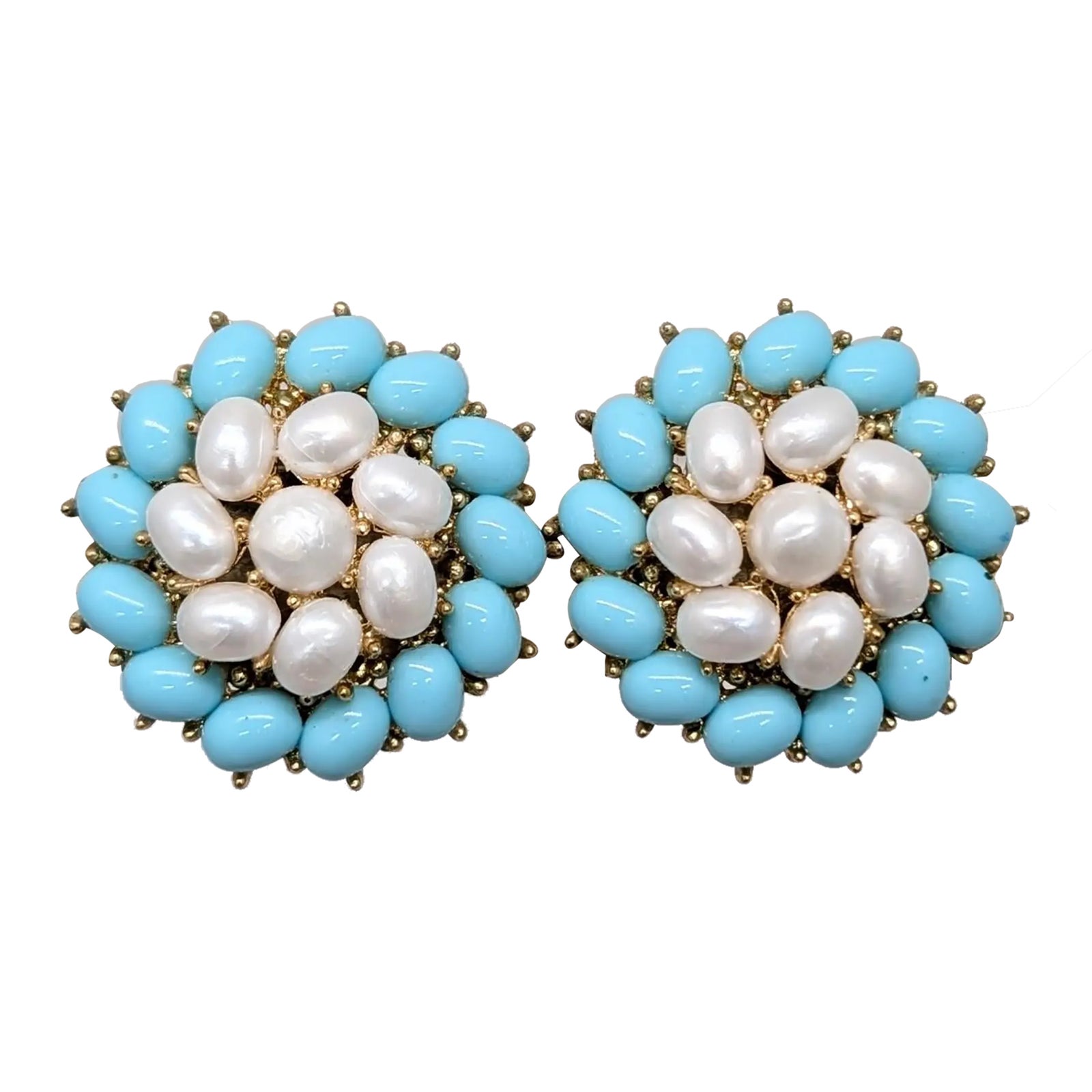 Vintage 1960s Signed Crown Trifari Faux-Turquoise & Pearl Clip Earrings ...