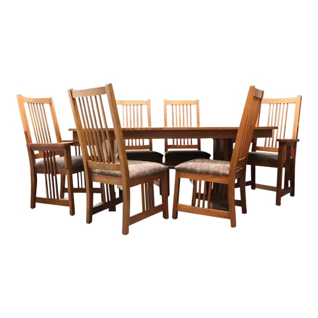 Vintage Bassett Furniture Oak Dining Set | Trestle Table 6 Chairs ...