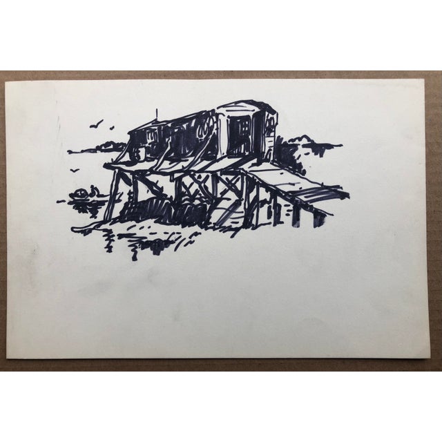 1950s Norman Kent Fishing Shack Drawing | Chairish