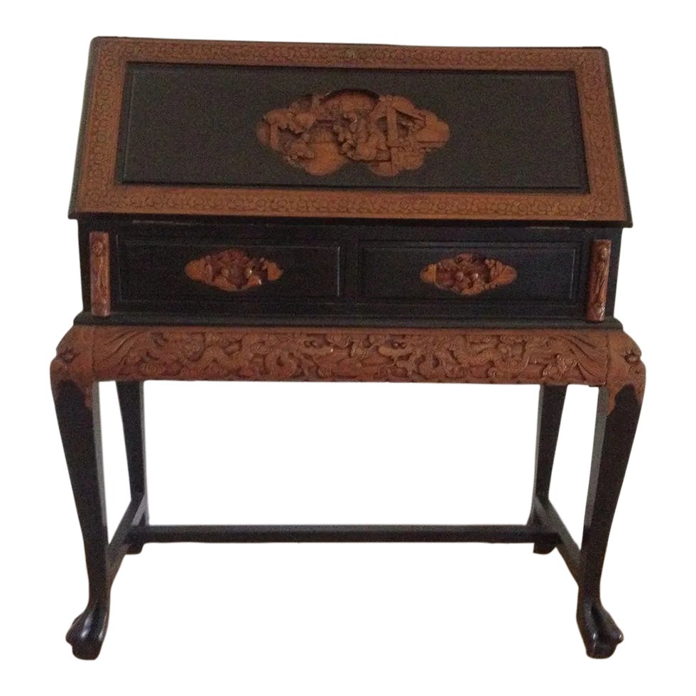 1960s Vintage Asian Writing Desk Carved Dragons Teak Black Chinese ...